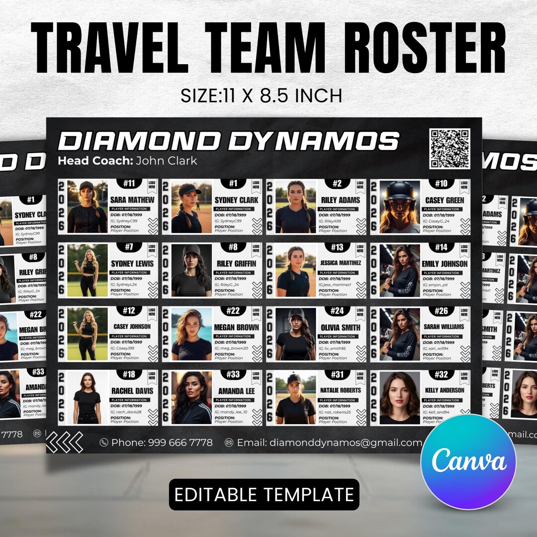 16 Player Travel Team Recruit Roster, Custom Team Roster Template for ...