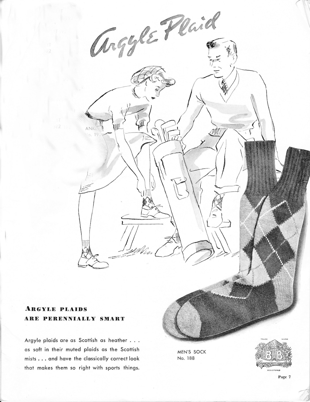 Men's Vintage Argyle Plaid Sock Pattern From Beehive Hand Knits, PDF ...