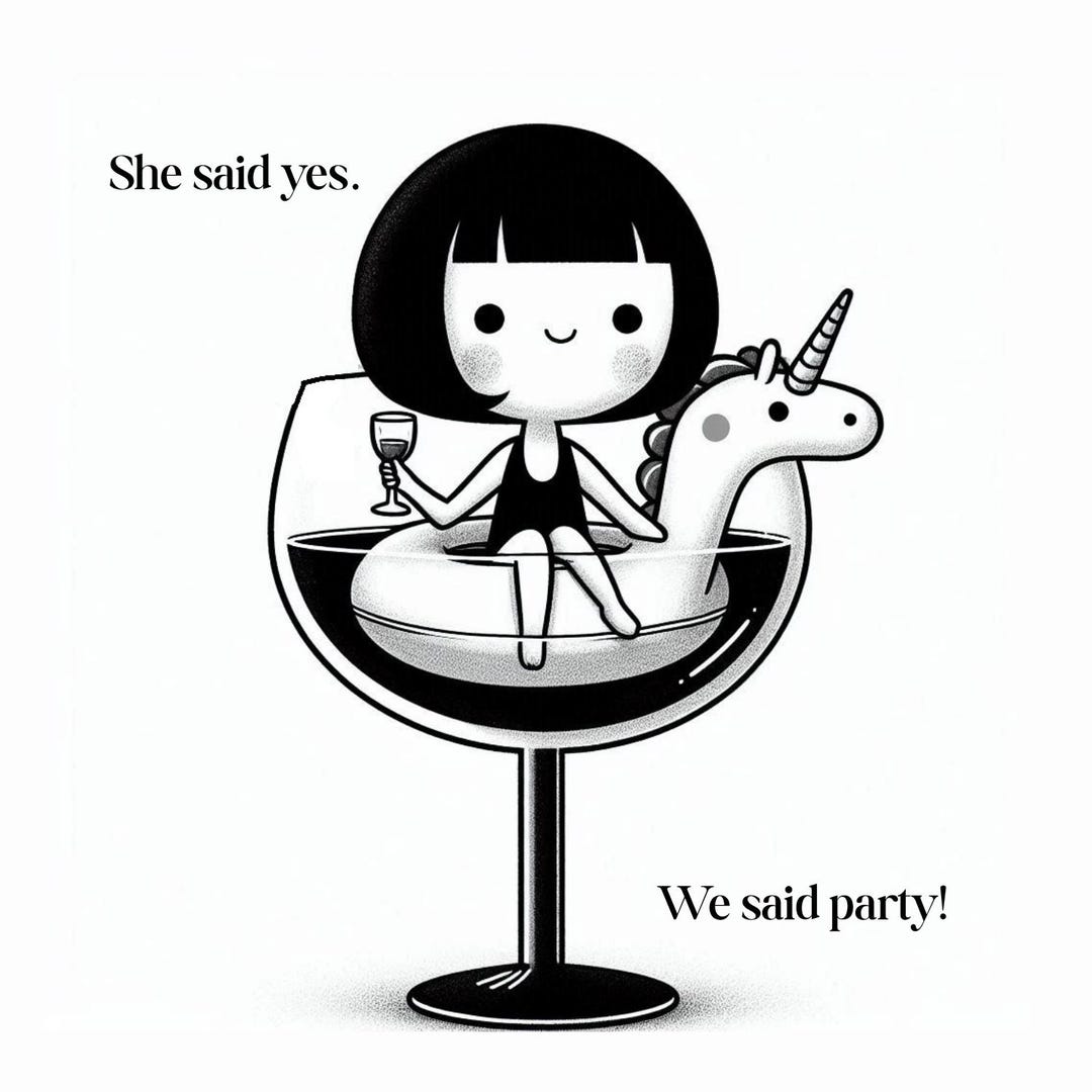Funny Bachelorette Card: Wine Glass & Unicorn - Black and White ...