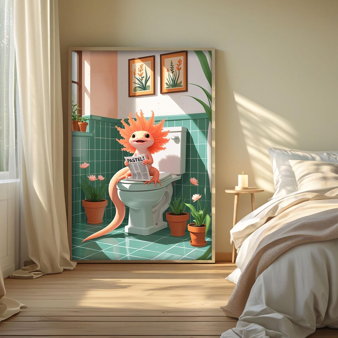 Funny Axolotl Bathroom Wall Art, Axolotl Sitting on Toilet Print, Cute ...
