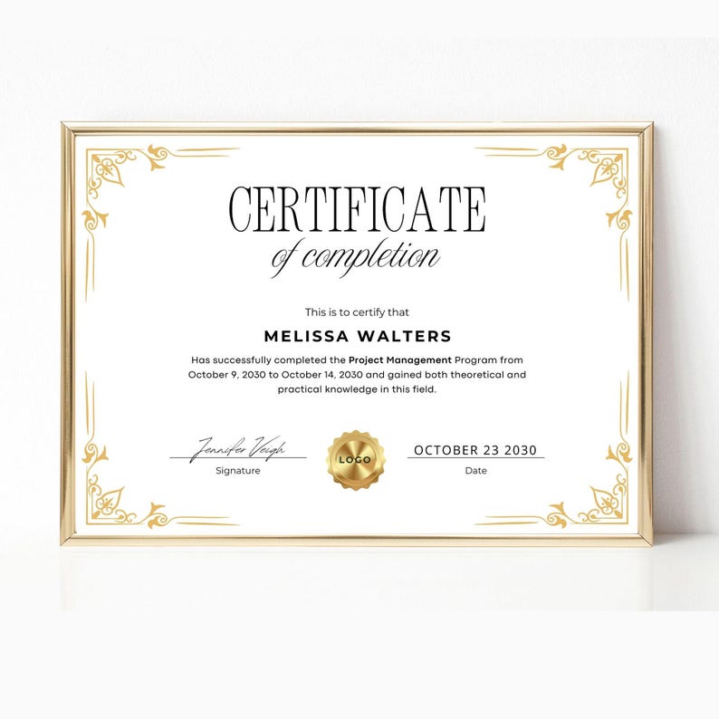 Editable Certificate of Completion Template, Printable Professional ...
