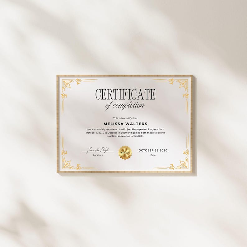 Editable Certificate of Completion Template, Printable Professional ...