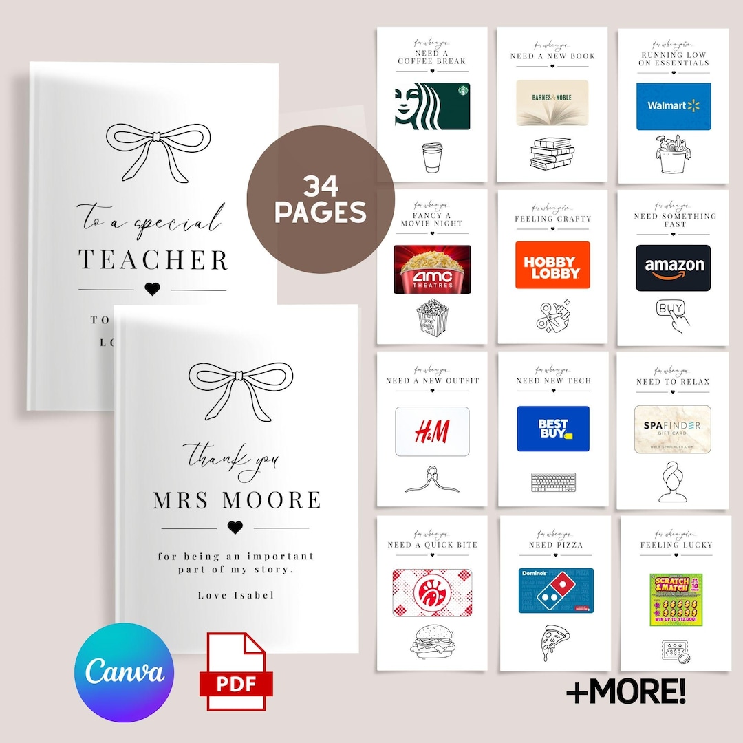 Printable Teacher Gift Card Book, Appreciation Gift (PDF) - Etsy