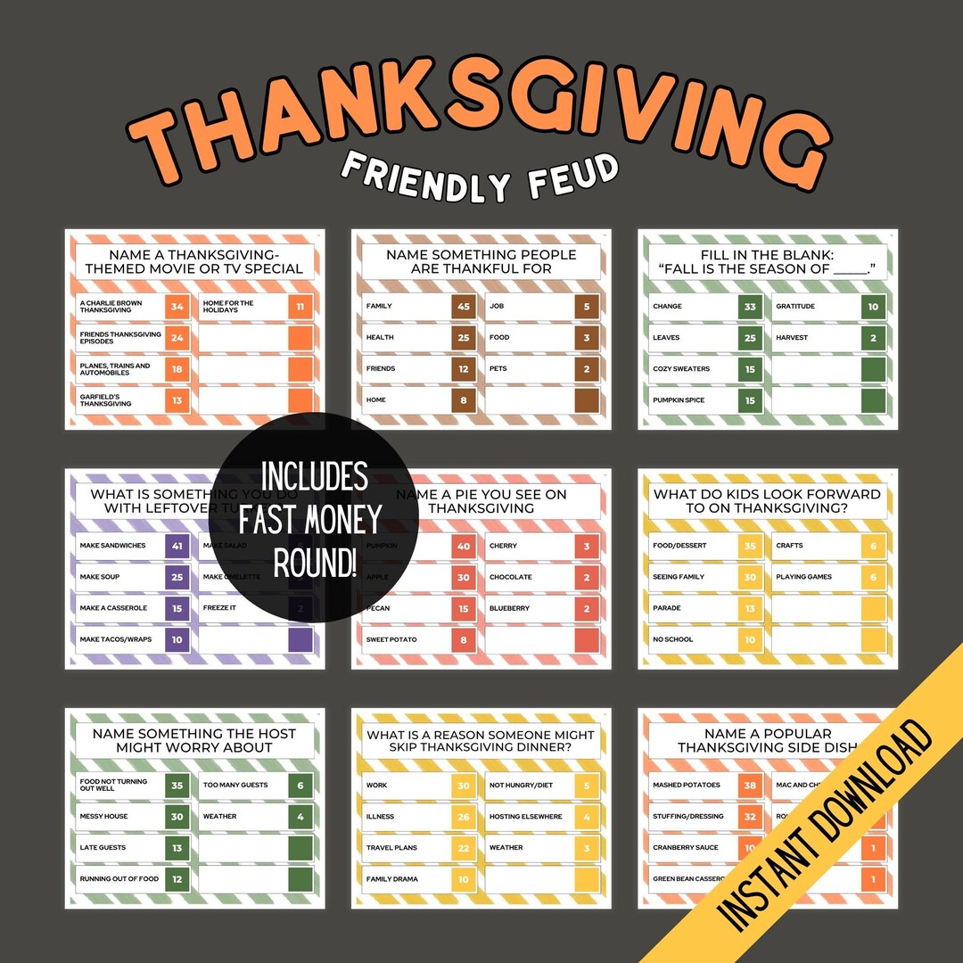 Thanksgiving Friendly Feud Printable | Fall Party Activity | Family ...