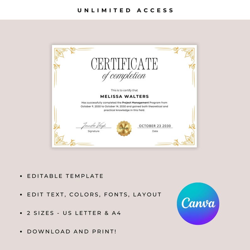 Editable Certificate of Completion Template, Printable Professional ...