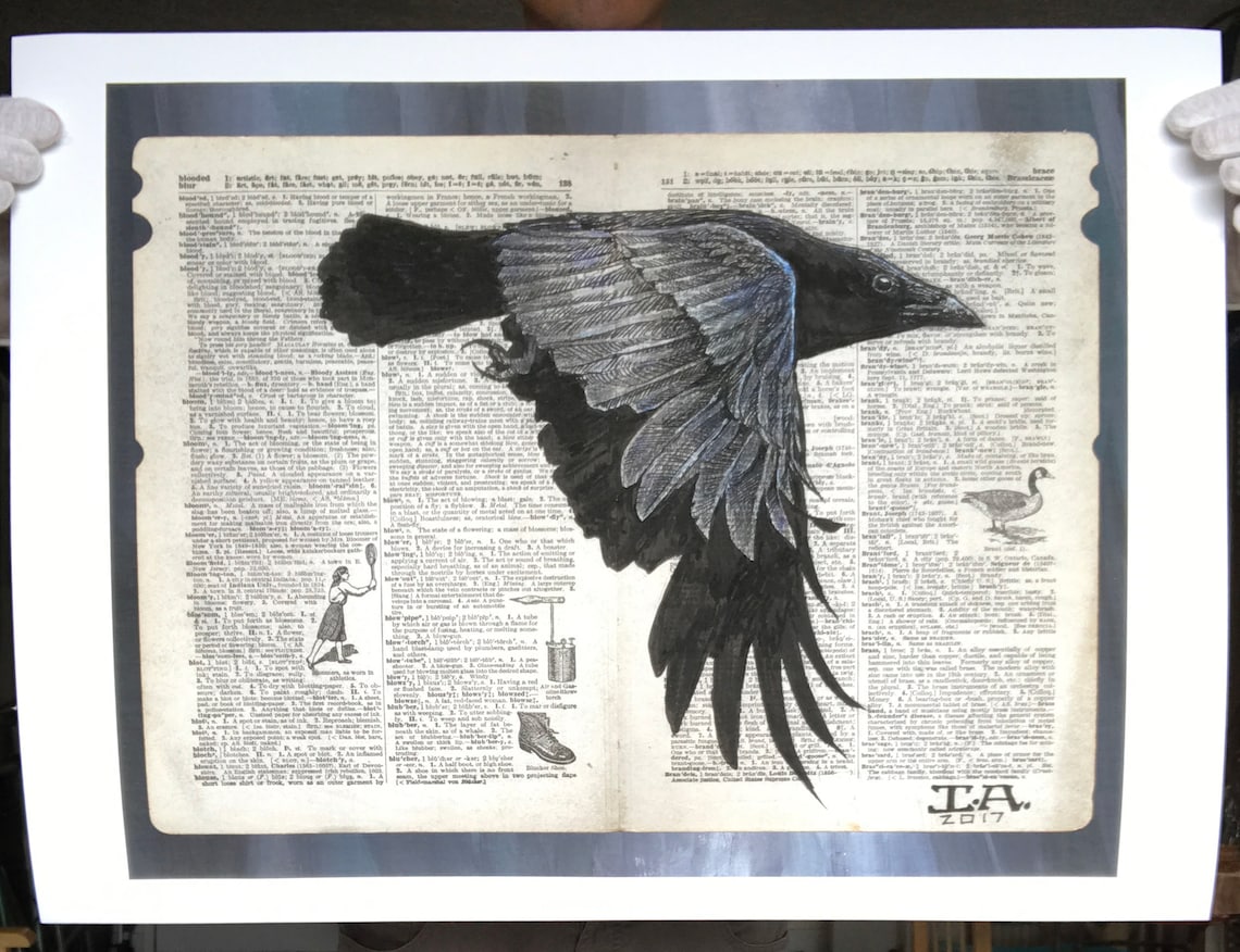 Crow in Flight Illustration on Vintage Dictionary Page - Etsy