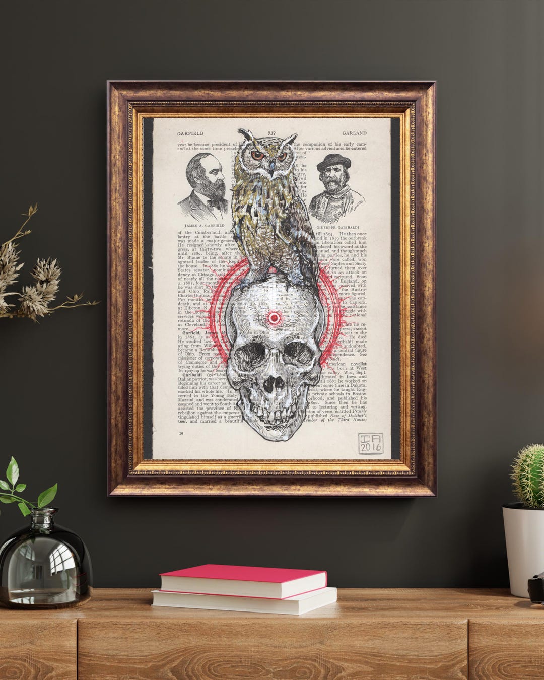 Macabre Owl on Skull Illustration on Vintage Encyclopedia Page - Wall ...
