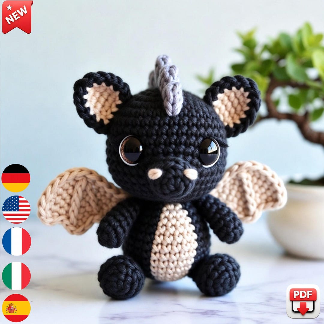 Amigurumi Mini Dragon Crochet Pattern PDF | Black & Beige | 12 Cm Baby ...