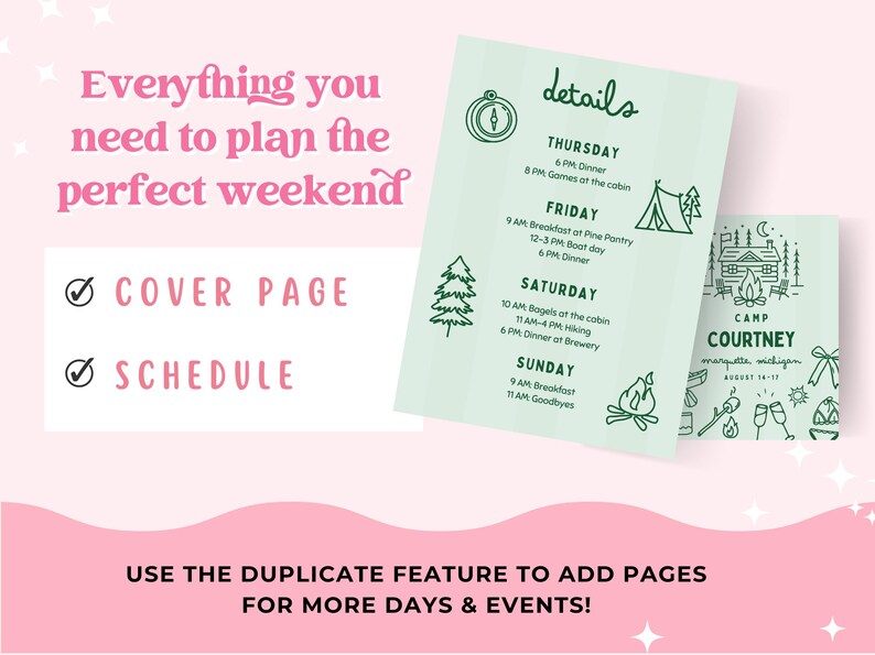 Camp Bachelorette Itinerary Template, Cabin Weekend Schedule (printable ...