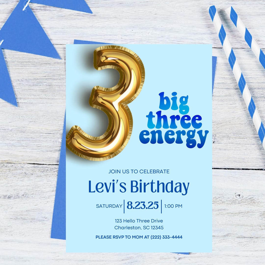 Big Three Energy Birthday Invitation, Canva Template, Toddler Birthday ...