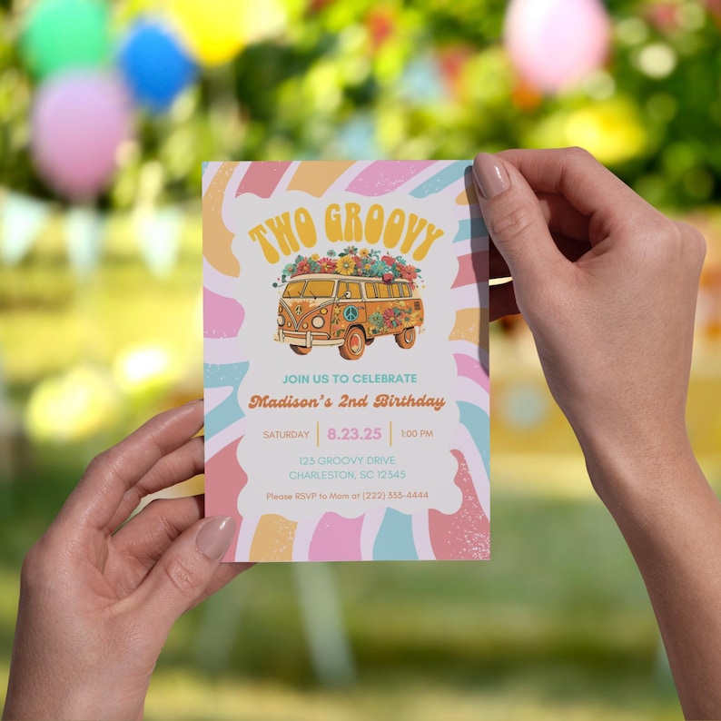 Two Groovy Birthday Invitation, Retro Hippie Van 2nd Birthday Invite ...
