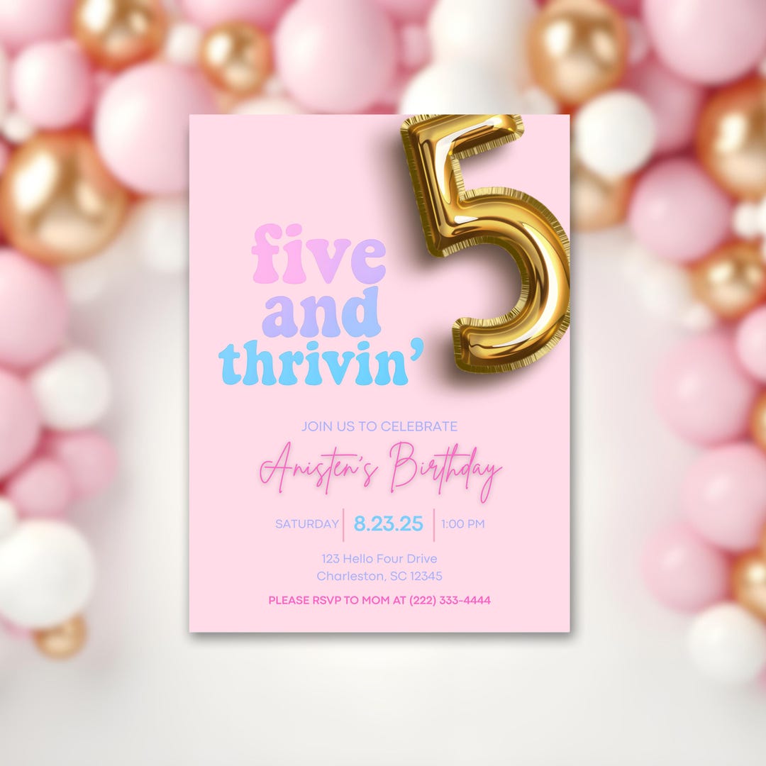 Editable Pink Fifth Birthday Invitation, Gold Foil Balloon Number 5 ...