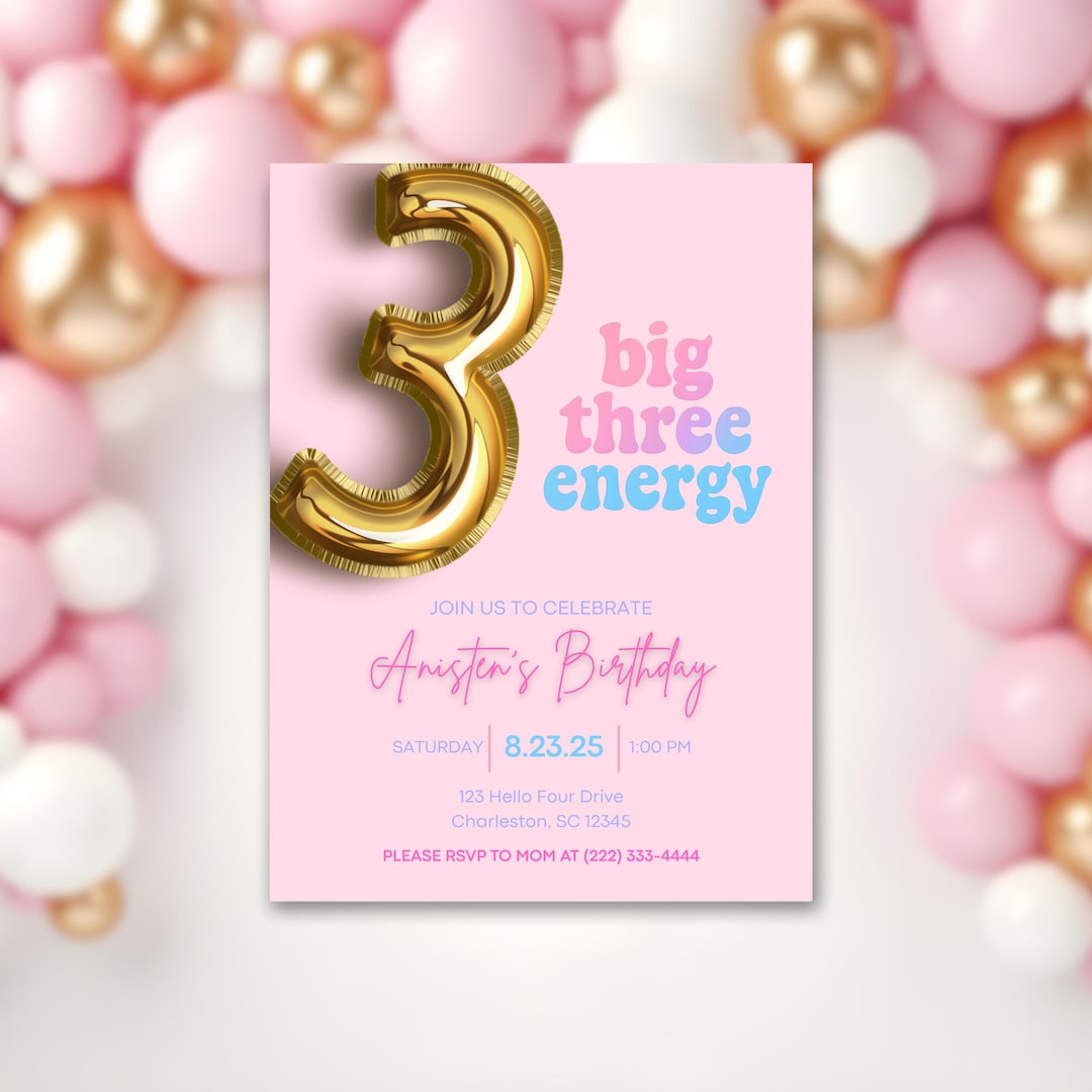 3rd Birthday Invitation, Gold Foil Balloon Three, Third Bday Toddler ...