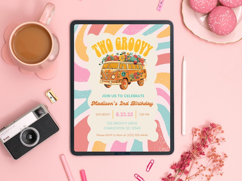 Two Groovy Birthday Invitation, Retro Hippie Van 2nd Birthday Invite ...