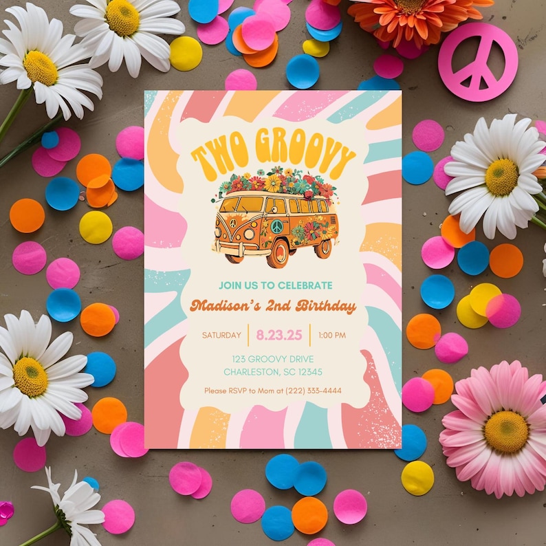 Two Groovy Birthday Invitation, Retro Hippie Van 2nd Birthday Invite ...