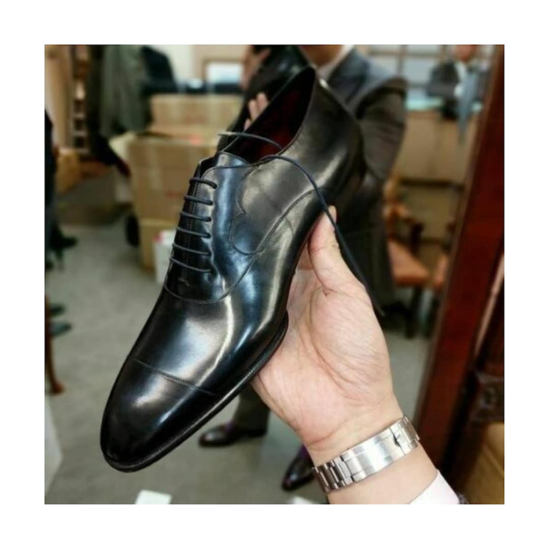 Men's Handmade Black Calf Leather Shoes, Goodyear Welted Toe Cap Dress ...