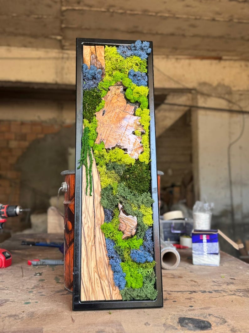 Custom Made Moss and Olive Wood Wall Art, Metal Frame Moss Wall Decor ...