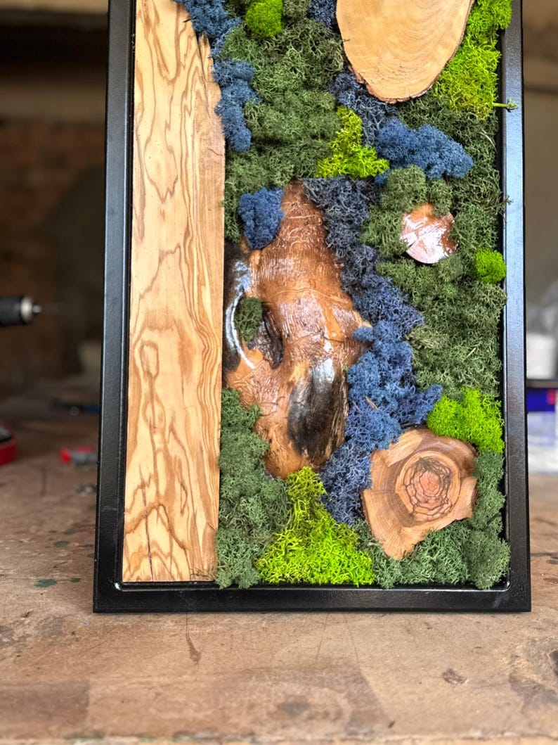 Custom Made Moss and Olive Wood Wall Art, Metal Frame Moss Wall Decor ...
