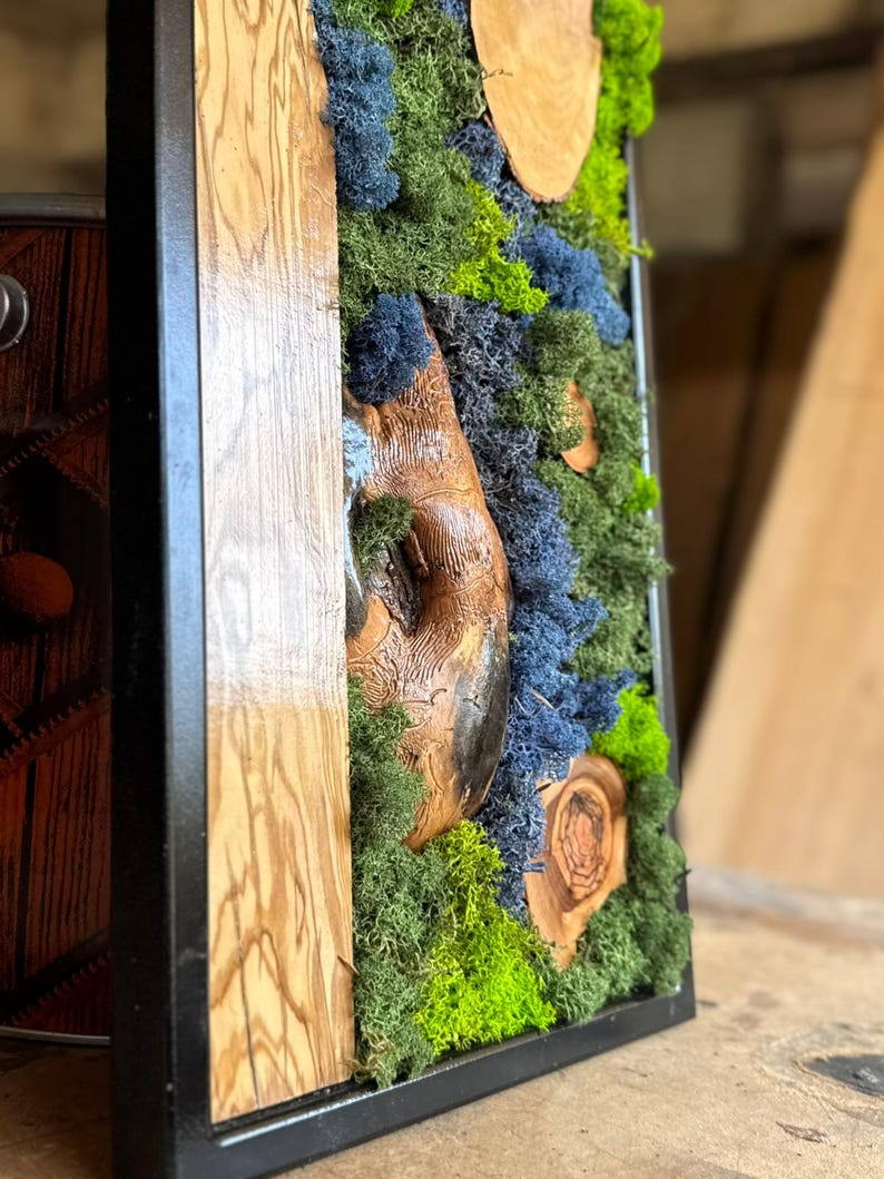 Custom Made Moss and Olive Wood Wall Art, Metal Frame Moss Wall Decor ...
