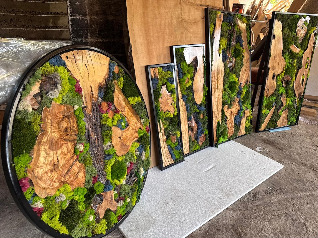 Custom Made Moss and Olive Wood Wall Art, Metal Frame Moss Wall Decor ...