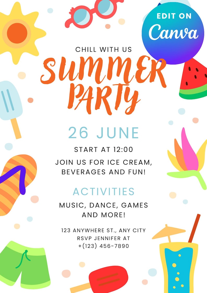 2026 Summer Party Invitation Template, Beach BBQ, Editable Canva ...