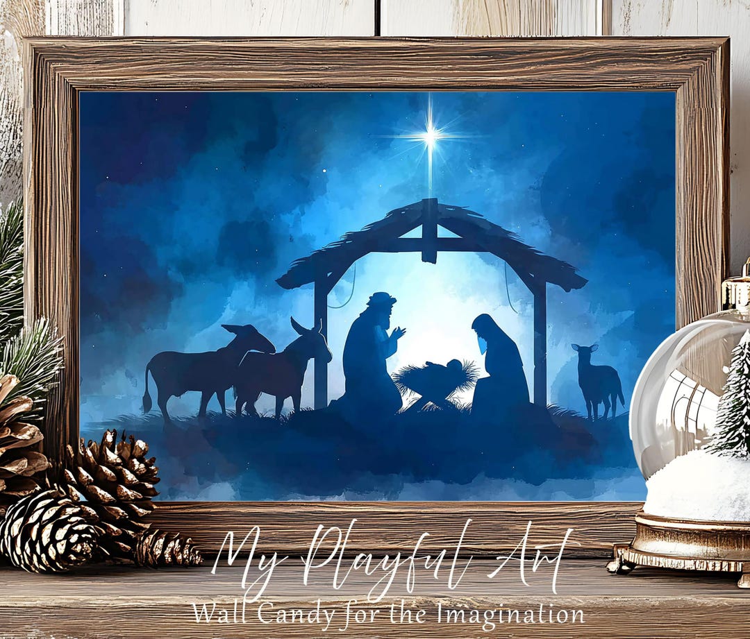 Nativity Wall Art: Blue Watercolor Manger Scene - Digital Download - Etsy
