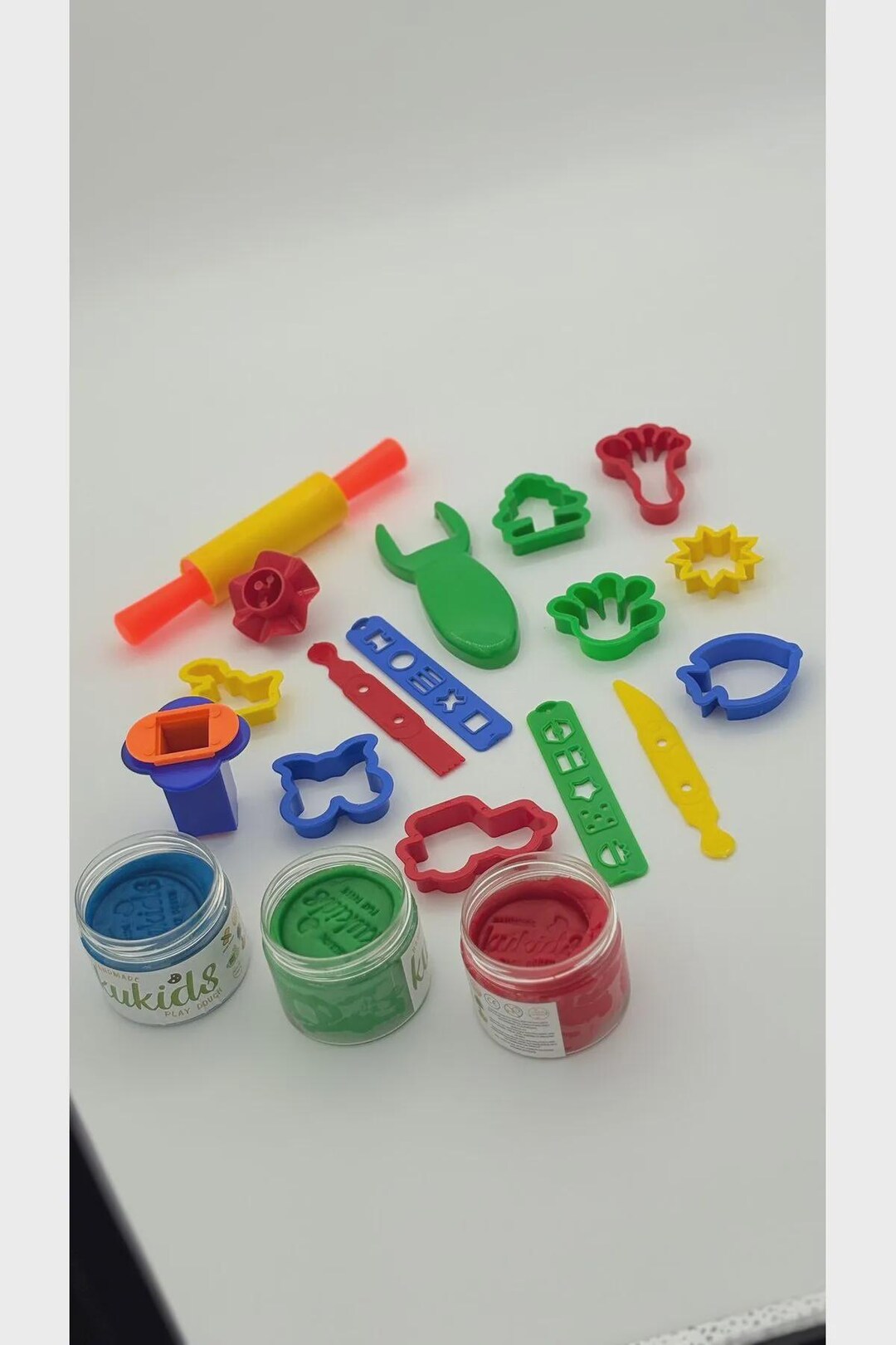 Natural Play Dough Set – 3 Organic Colors – 15 Shape Cutters – Rolling ...