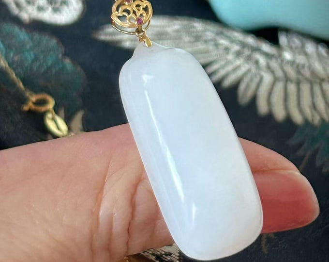 Natural White Tremolite Nephrite Jade Ping-an Pendant W 18k Solid Gold ...