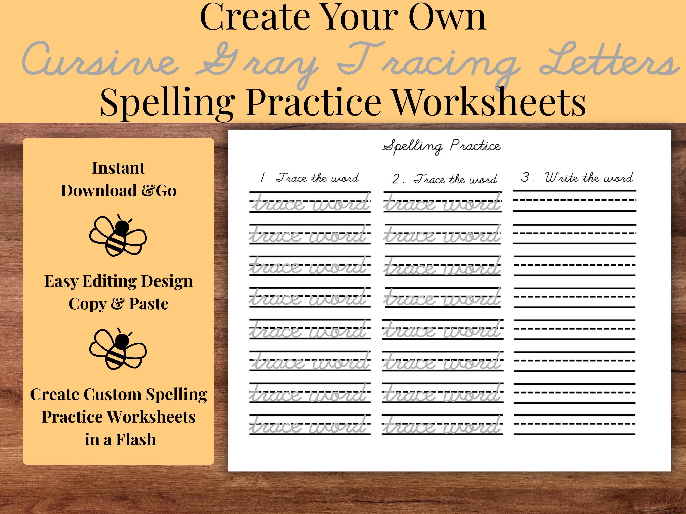 Editable Cursive Tracing Worksheet: Canva Template for Spelling ...