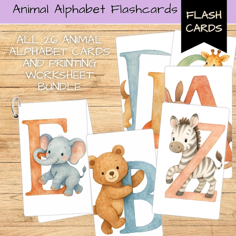 Alphabet Animals Flashcards and Early Printing Worksheet Bundle - Etsy