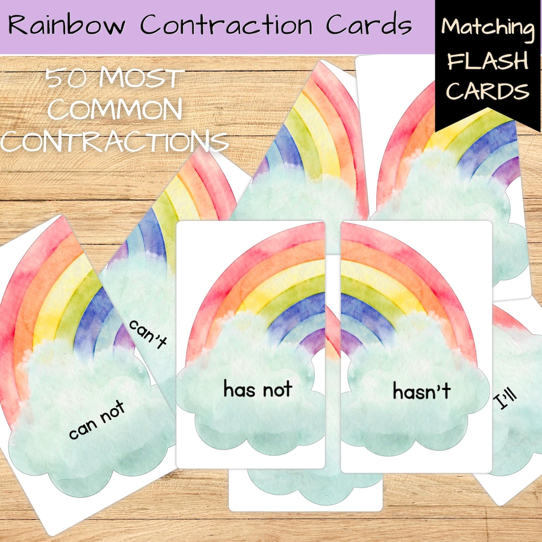 Watercolor Rainbow Contraction Flash Cards | 50 Matching Pairs for ...