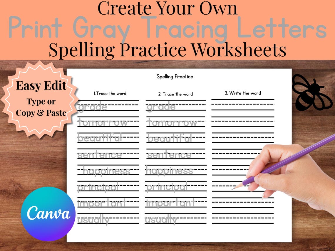 Editable Spelling Practice Worksheet: Canva Template for Kids ...