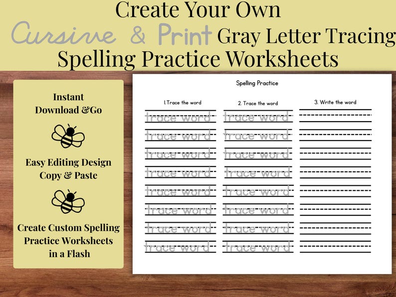 Editable Spelling Practice Worksheet: Print & Cursive Tracing (canva ...