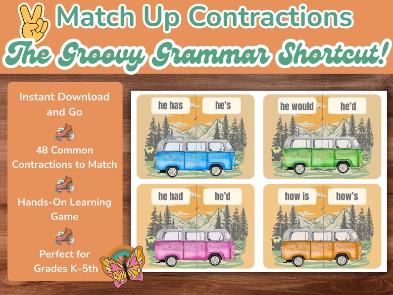 VW Bus Contraction Matching Game: Retro Grammar Activity for Kids - Etsy