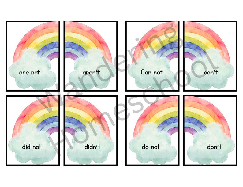 Watercolor Rainbow Contraction Flash Cards | 50 Matching Pairs for ...