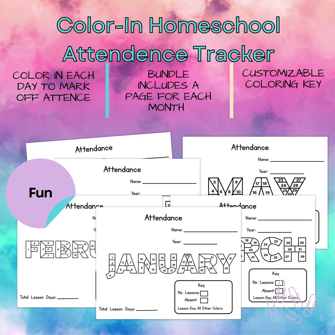 Color-in Homeschool Attendance Tracker: Monthly Printable Bundle ...