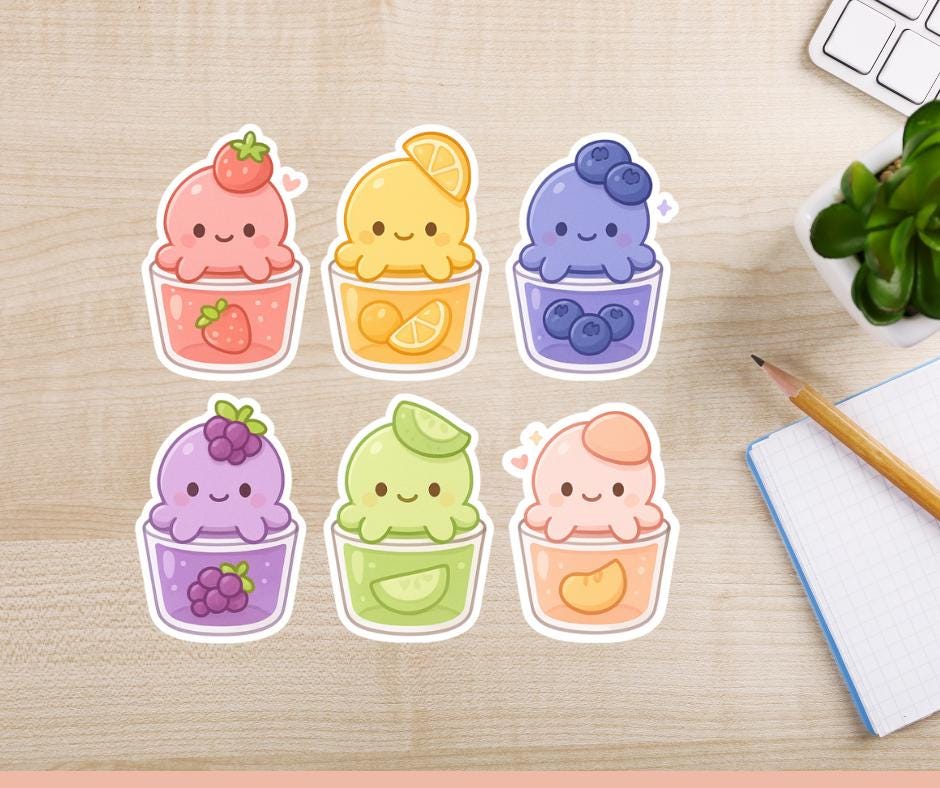 Kawaii Jello Squid Sticker Sheet | Cute Dessert Squid Characters in ...