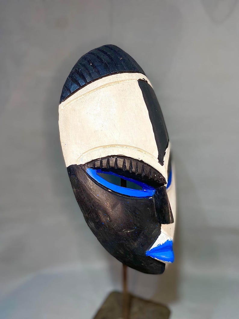 African Tribal Mask Black White Blue Hand Carved Wood Wall Decor Bold ...