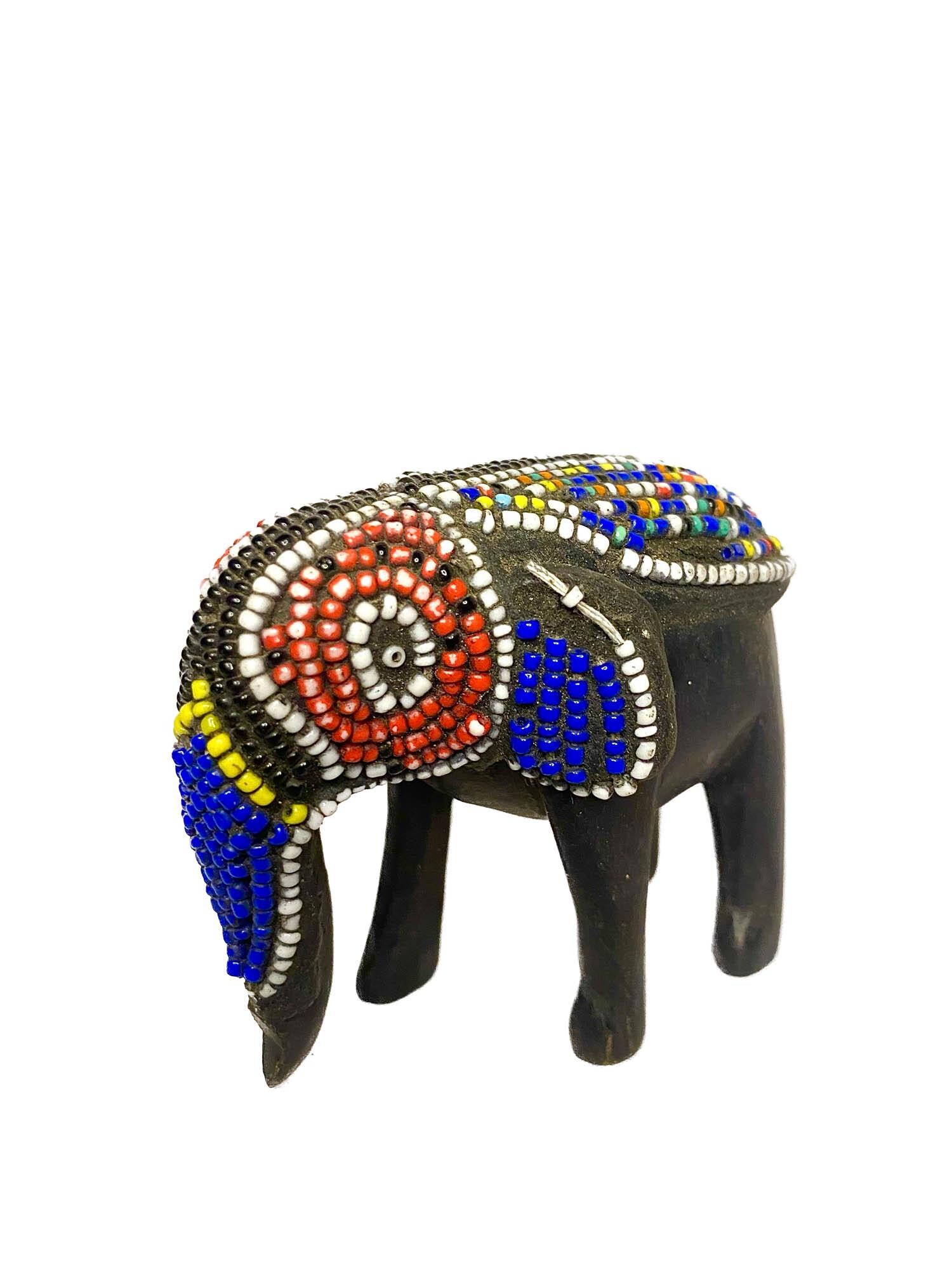 Zulu Elephant Figures, African Beadwork Animals, Hand-carved Wood Set ...