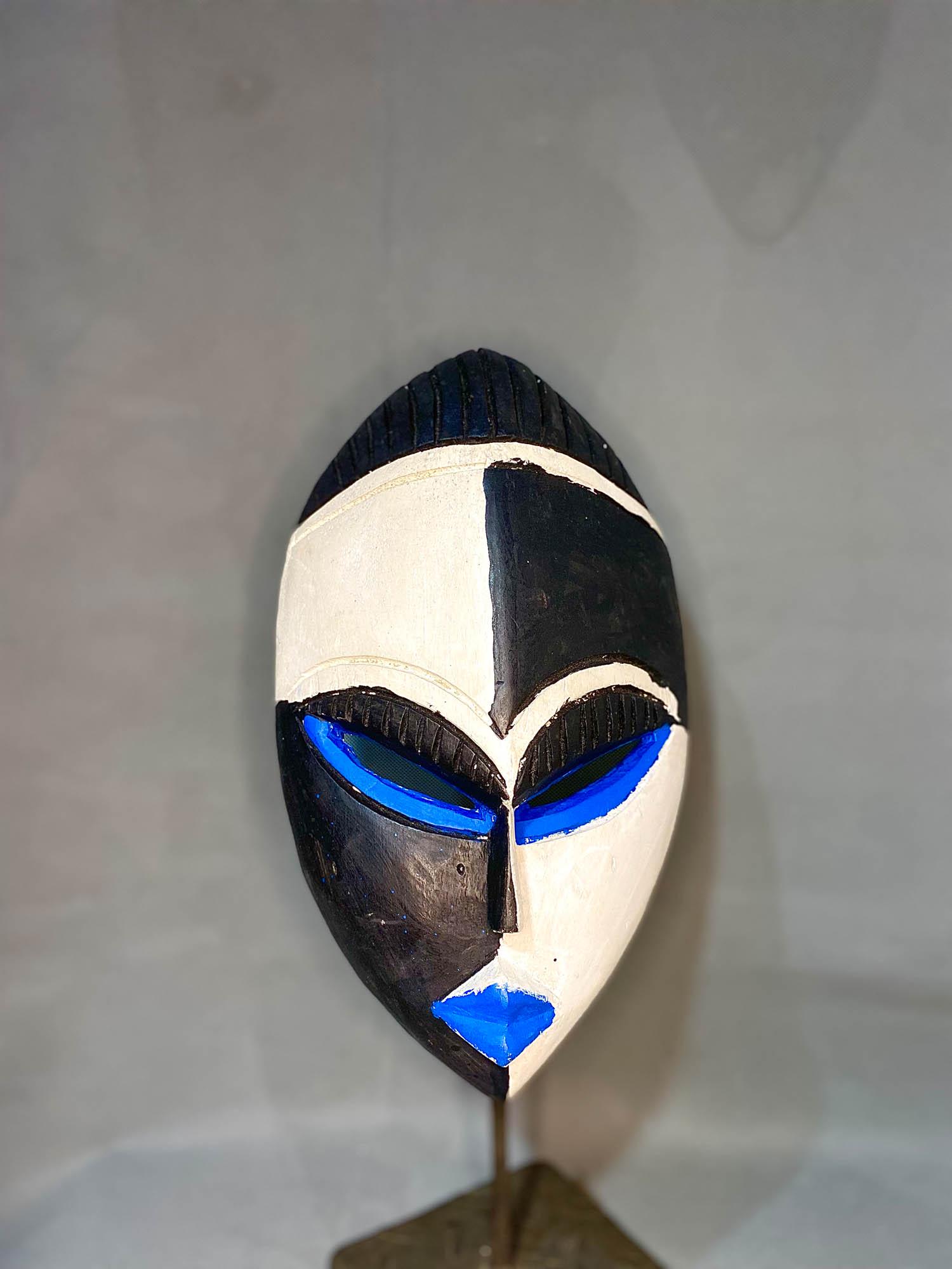 African Tribal Mask Black White Blue Hand Carved Wood Wall Decor Bold ...