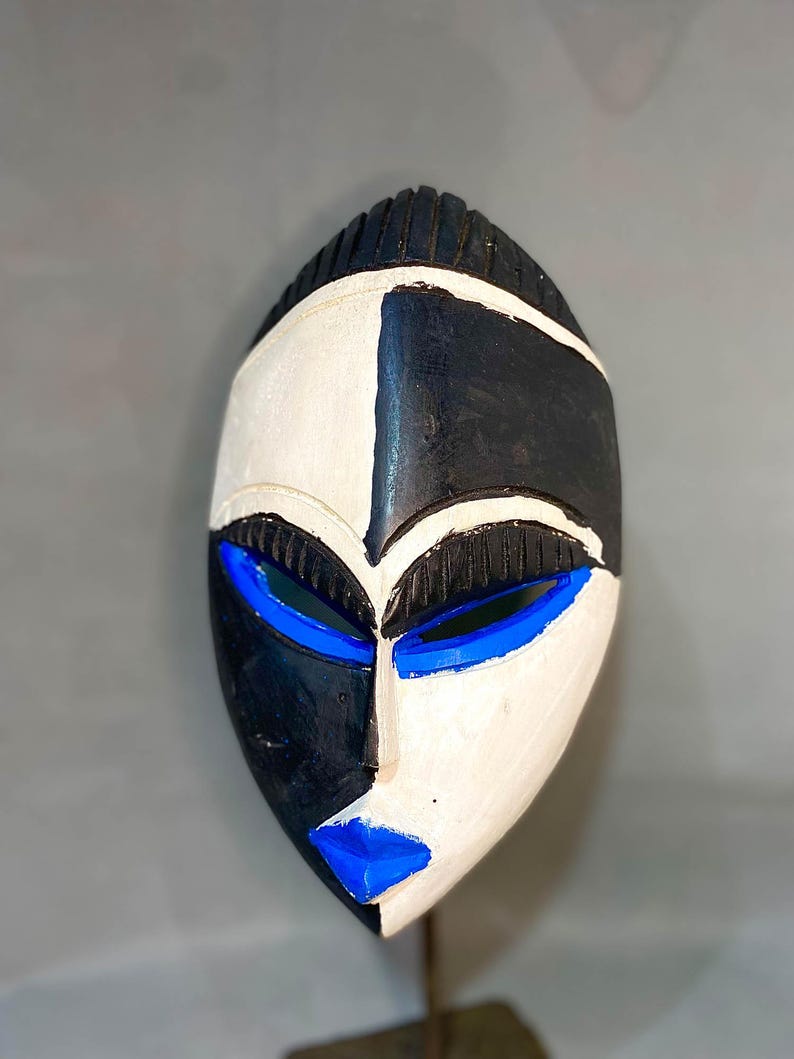 African Tribal Mask Black White Blue Hand Carved Wood Wall Decor Bold ...