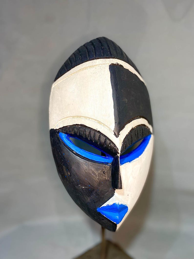 African Tribal Mask Black White Blue Hand Carved Wood Wall Decor Bold ...