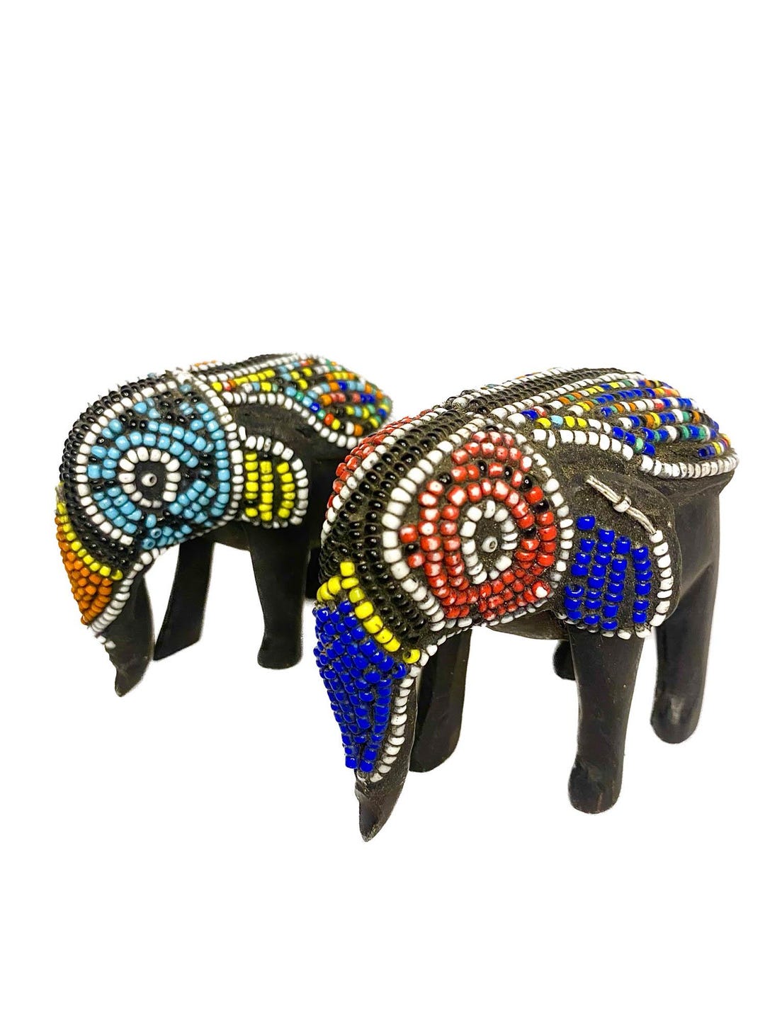 Zulu Elephant Figures, African Beadwork Animals, Hand-carved Wood Set ...