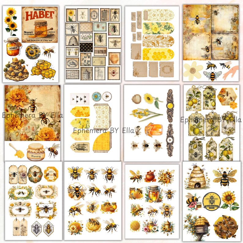Vintage Bee and Honey Ephemera Printable | Junk Journal Pages | Digital ...