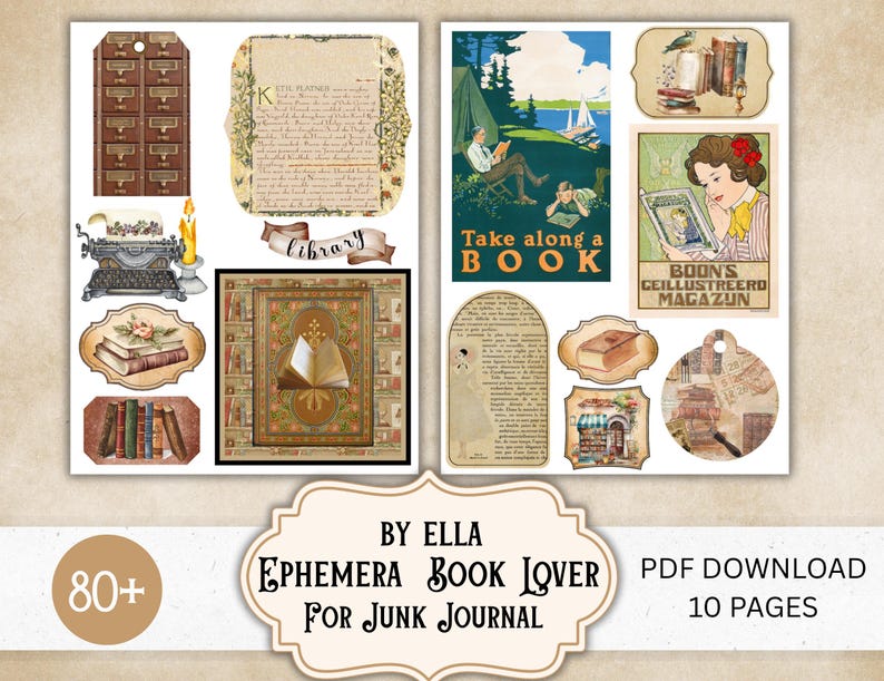 Vintage Book Lover Ephemera Kit – Printable Journal Pages, Library Tags ...
