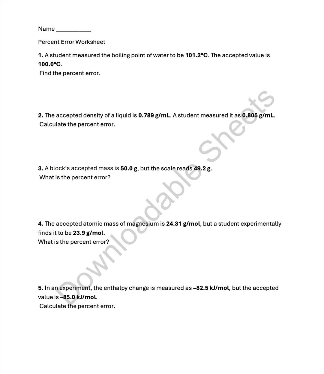 Chemistry Percent Error Practice Sheet With Answer Key - Etsy