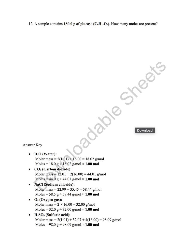 Converting Molar Mass to Moles Chemistry Practice Worksheet and Answer ...
