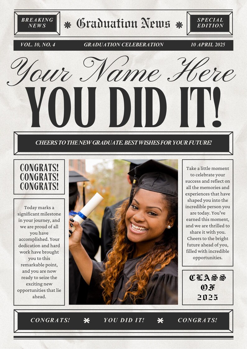Trendy Newspaper Graduation Invitation Class of 2025 – Editable Canva ...