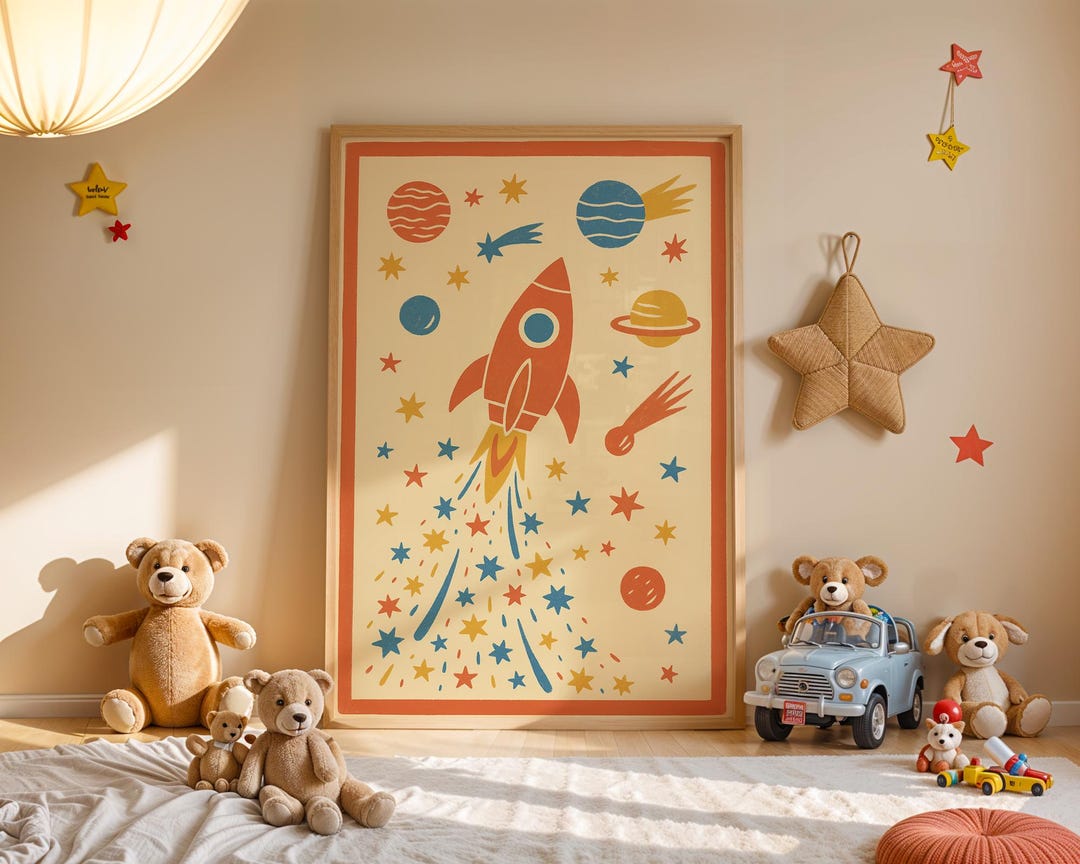 Retro Rocket Ship Wall Art, Folk Art Space Print, Outer Space Stars ...