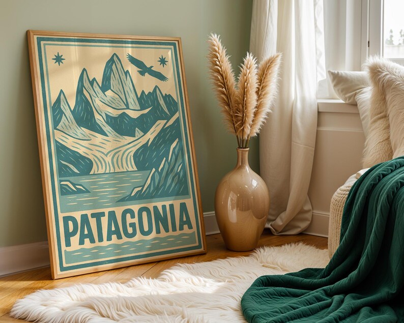 Patagonia Travel Poster, Vintage Mountain Print, Glacier Landscape Wall ...
